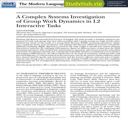 A Complex Systems Investigation Of Group Work Dynamics In L2 ...