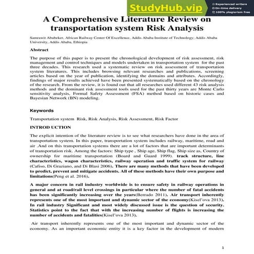 A Comprehensive Literature Review On Transportation System Risk ...