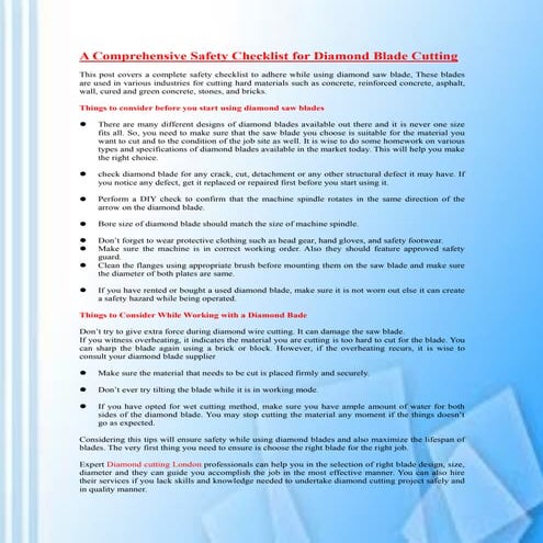 A Comprehensive Safety Checklist for Diamond Blade Cutting | PDF