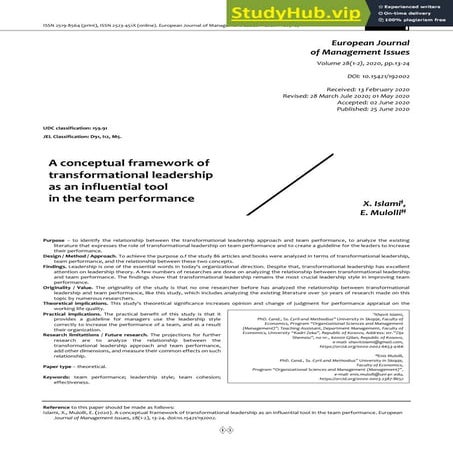 A conceptual framework of transformational leadership as an influential tool in the team ...