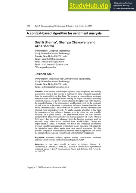 A Context Based Algorithm For Sentiment Analysis Pdf
