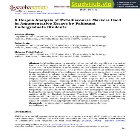 A Corpus Analysis Of Metadiscourse Markers Used In Argumentative Essays By Pakistani ...