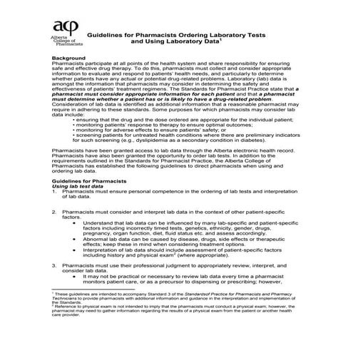 Acp guidelines for pharmacists ordering lab tests and using laboratory ...