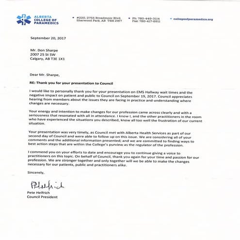 Letter from Alberta College of Paramedics | PDF