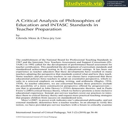 A Critical Analysis Of Philosophies Of Education And INTASC Standards ...