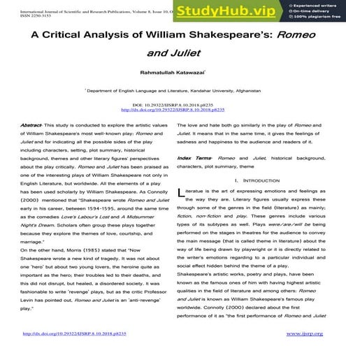 A Critical Analysis Of William Shakespeare S Romeo And Juliet | PDF