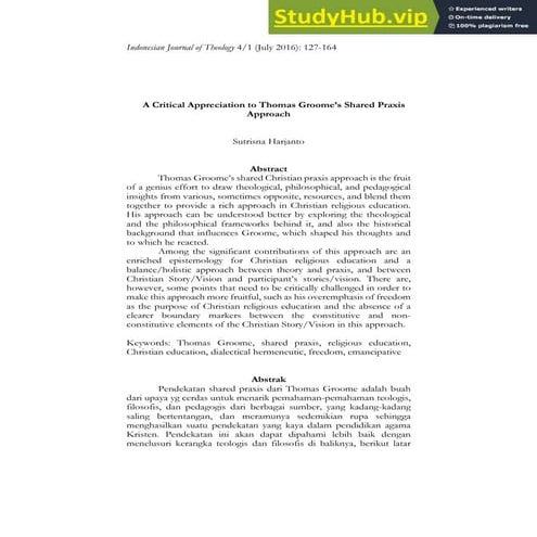 A Critical Appreciation To Thomas Groome S Shared Praxis Approach | PDF