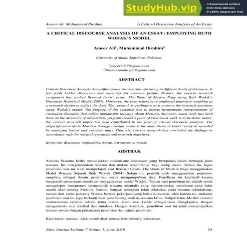 A CRITICAL DISCOURSE ANALYSIS OF AN ESSAY EMPLOYING RUTH WODAK S MODEL ...