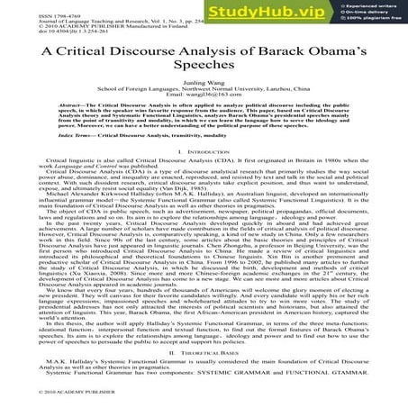 A Critical Discourse Analysis Of Barack Obama Quot S Speeches | PDF