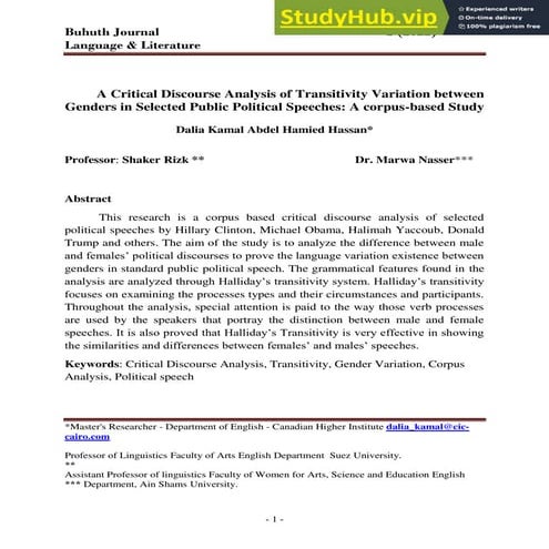 A Critical Discourse Analysis Of Transitivity Variation Between Genders In Selected Public ...