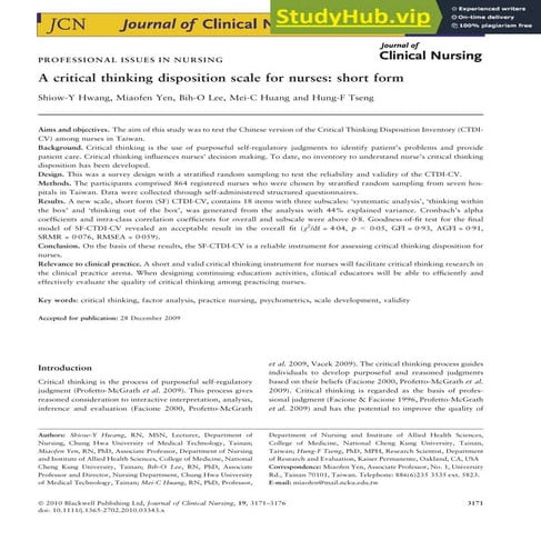A Critical Thinking Disposition Scale For Nurses Short Form