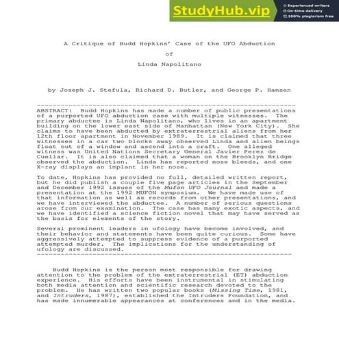 A Critique Of Budd Hopkins Case Of The UFO Abduction Of | PDF