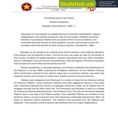 A Critique Paper The Miseducation Of The Filipino | PDF