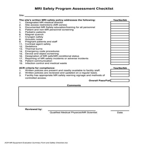 Acr mr equipment evaluation summary form and safety checklist with ...