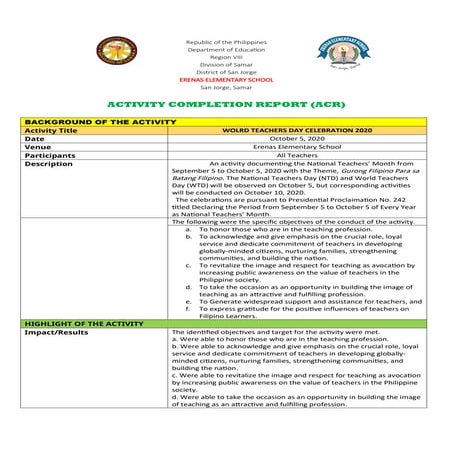 Actiity completion report (ACR) on World Teachers Day Celebration ...