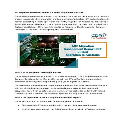 ACS Migration Assessment Report: ICT Skilled Migration to Australia | PDF