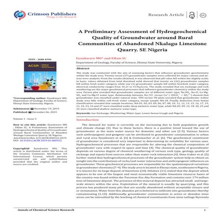A Preliminary Assessment of Hydrogeochemical Quality of Groundwater around Rural Communities of ...