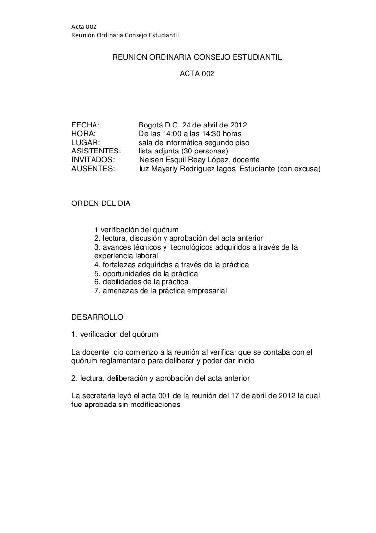 Ejemplo De Acta De Reunión Corta – Novalena