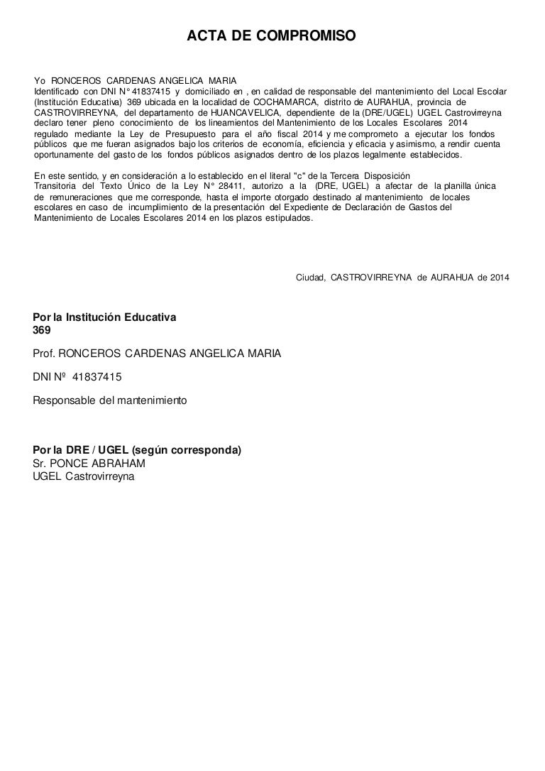 Modelo De Acta De Compromiso Para Padres En Word Gratis
