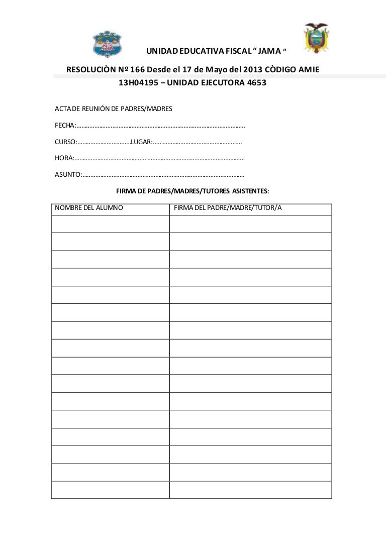 Formatos Acta De Reuniones De Aula Padres De Familia Materiales