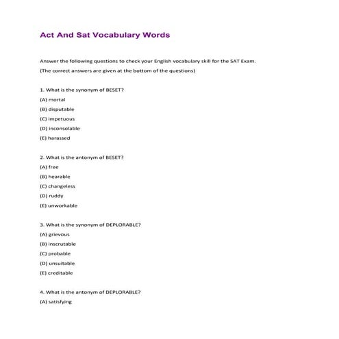 Act And Sat Vocabulary Words | PDF