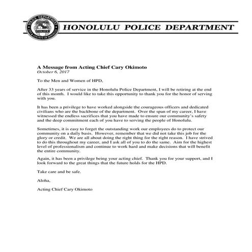 Acting chief okimoto internal message 10 6-17 | PDF