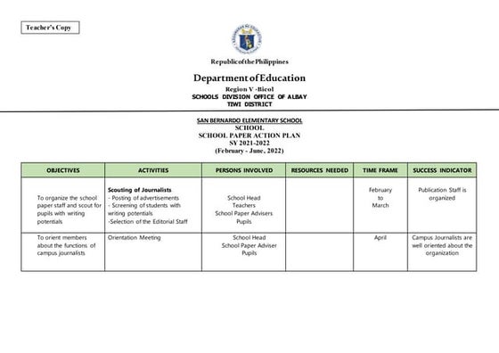 Workplan and activities in campus journalism | DOCX | College Education ...