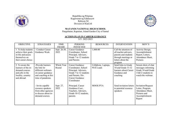 Guidance action plan | DOC | Education