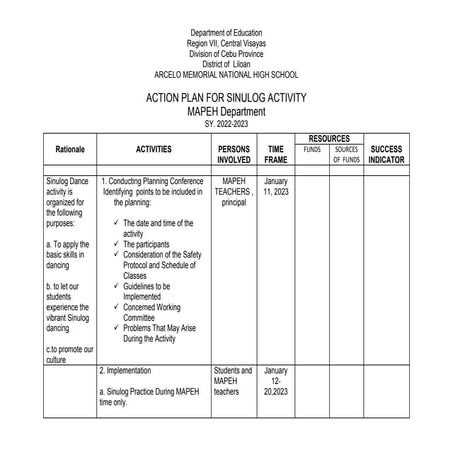 An Action Plan in Mapeh about Sinulog Activity | DOCX