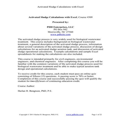 Activated sludge calculations with excel course | PDF