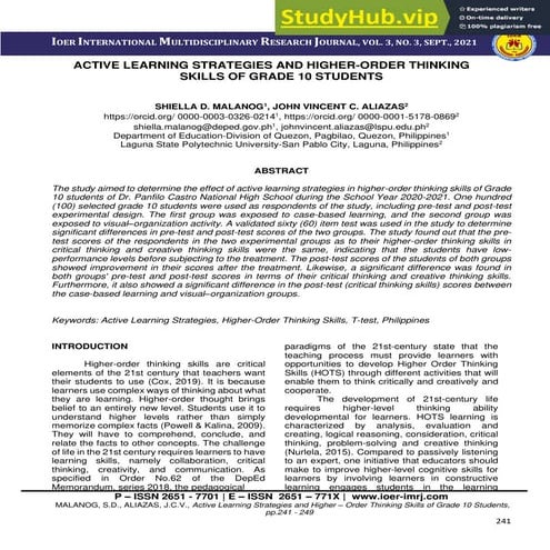 ACTIVE LEARNING STRATEGIES AND HIGHER-ORDER THINKING SKILLS OF GRADE 10 STUDENTS | PDF