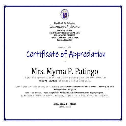 Active Parent Certificate of Appreciation | DOCX