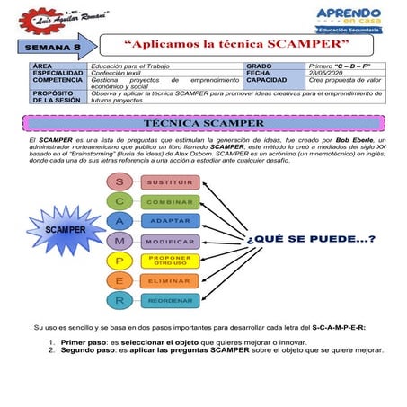 APRENDO EN CASA: APLICAMOS LA TÉCNICA SCAMPER | PDF