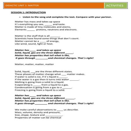 Didactic Unit: Matter. Activities. | PDF