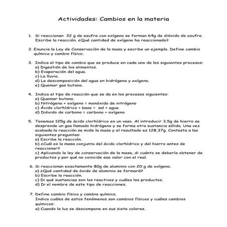 Actividades cambios en la materia | PDF