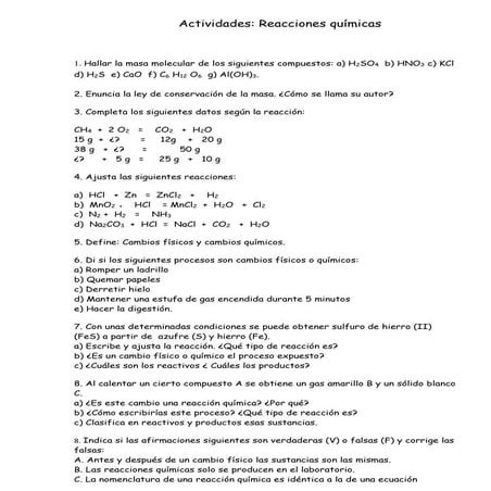 Hoja De Trabajo Con Descripción General De Reacciones Químicas Sofia