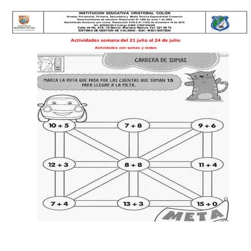 Actividades semana 21 al 24 de julio actividades de sumas y restas | DOCX