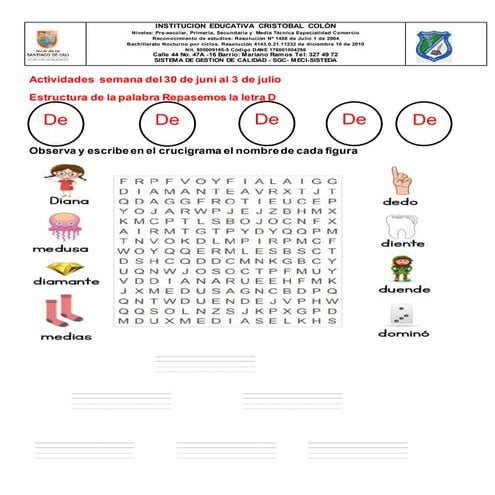 Actividades semana de 30 al 3 de julio del 2020 repaso letra d | DOCX