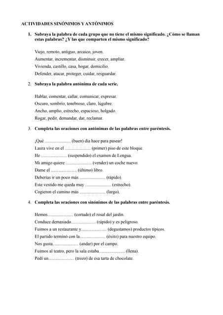 Ejercicio de sinonimos y antonimos | PDF