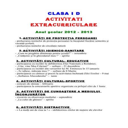 Activitati extracurriculare clasa i | DOC