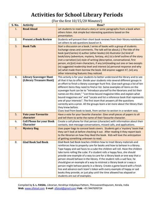 Activities for School Library Hours | PDF | Homework and Study | Education
