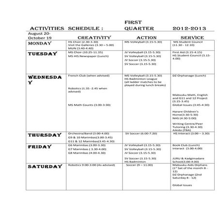 Activities schedule 2012 13 first quarter | DOC | World/International ...