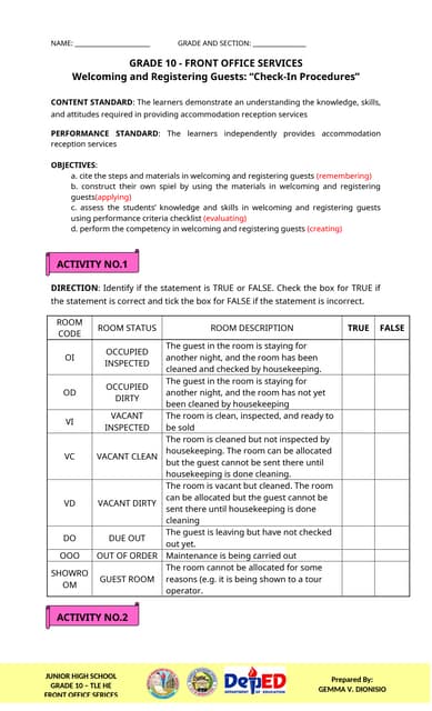 SELF-CHECK - FRONT OFFICE SERVICES - QUIZ AND ACTIVITIES | PPT