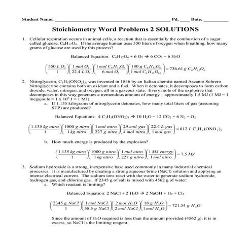 Activity --stoichiometry-word-problems-2-solutions | PDF | Chemistry | Science