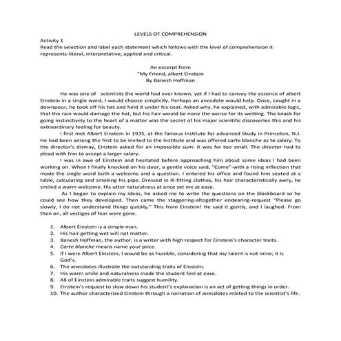 Activity 1 levels of comprehension | DOCX