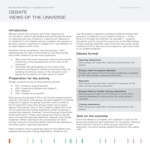 Lesson 2.0 Activity: Views of the Universe Debate | PDF