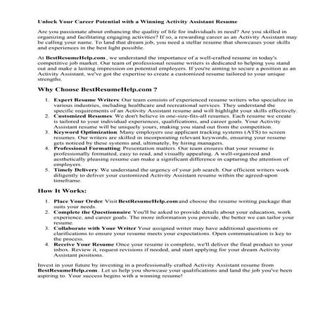 Activity Assistant Resume. Professional Formatting | PDF | Resume ...