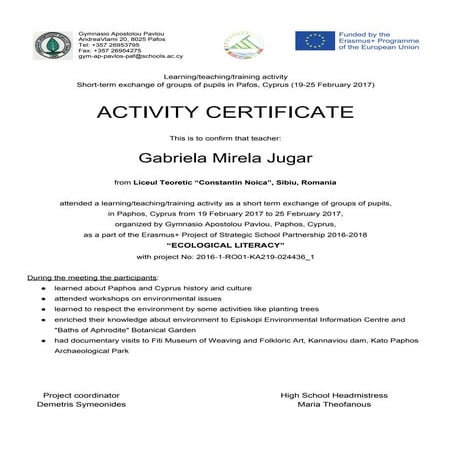 The Activity Certificate of the Mobility in Cyprus | PDF