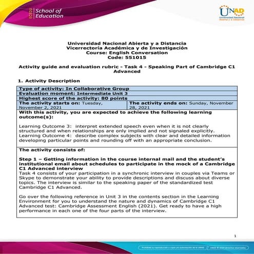 Activity guide and evaluation rubric unit 3 - task 4 - speaking part of ...