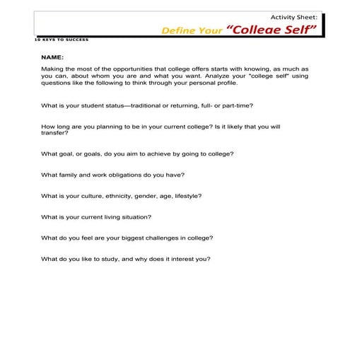 Activity sheet your college self | DOC